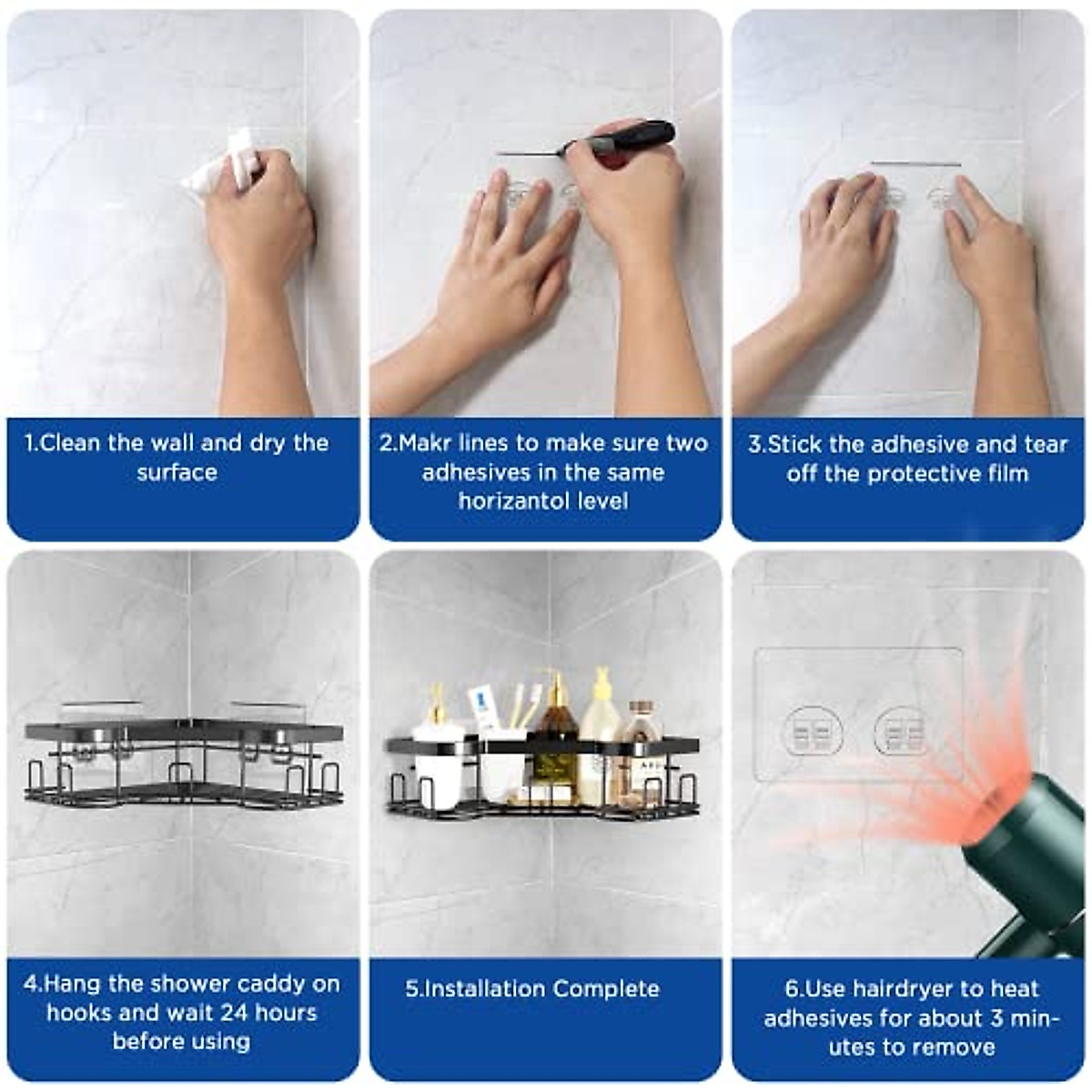 JOMOQ Shower Caddy, 2 Pack Corner Shower Caddy, Adhesive Shower Organizer,Rustproof Stainless Steel No Drilling Shower Shelf for Bathroom and kitchen Storage, Matte Black