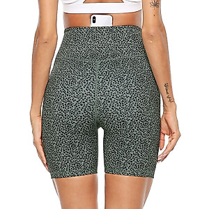 PERSIT Women's High Waist Print Workout Yoga Shorts with 2 Hidden Pockets, Non See-Through Tummy Control Athletic Shorts Bean Green Leopard