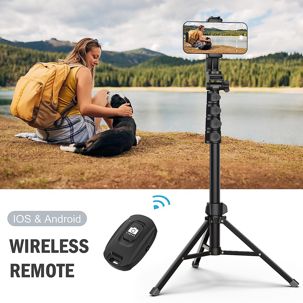 Liphisy 64” Tripod for Cell Phone & Camera, Phone Tripod with Remote and Phone Holder, Sturdy & Stable Height Adjustable Multi-Angle Shot Selfie Stick Tripod for Video Recording