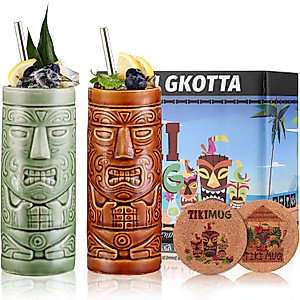 SUN GKOTTA Tiki Glasses for Cocktails Tiki Mugs Set of 2 Ceramic Tiki Party Cups Bar Decor Creative Tiki Mug Set Large Hawaiian Glasses Tiki Drinking Bar Decorations with Coaster and Straws
