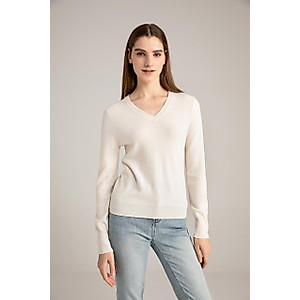 State Cashmere Women’s Essential V-Neck Sweater 100% Pure Cashmere Classic Long Sleeve Pullover (Undyed White, Large)