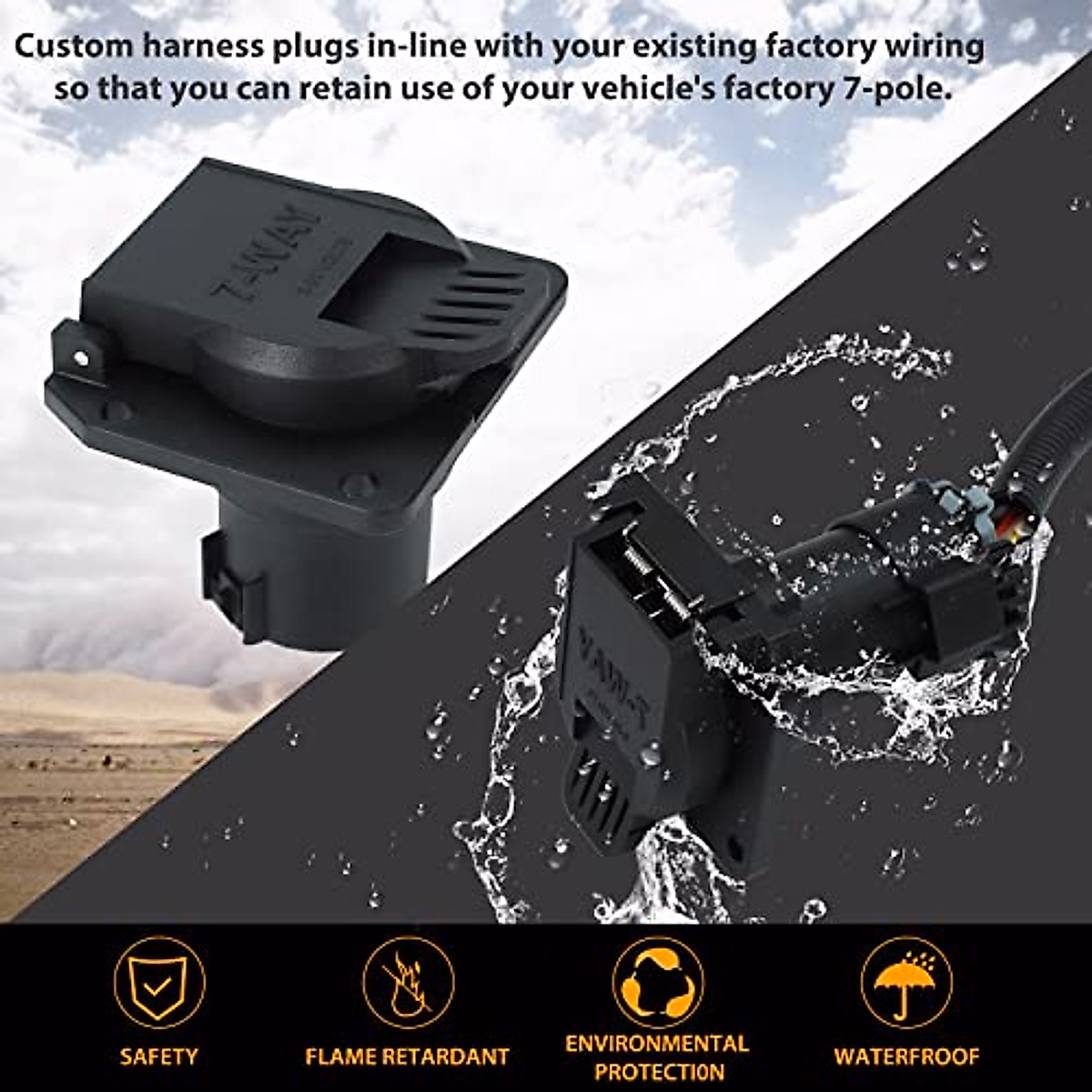 7-Foot 7-Pin Trailer Wiring Harness Extension with Connector, 5Th Wheel 7 Pin Connector, 7-Foot Vehicle-Side Truck Bed 56070 Compactible with Chevy, Dodge, Ford, GMC, Nissan, Ram, Toyota Balck