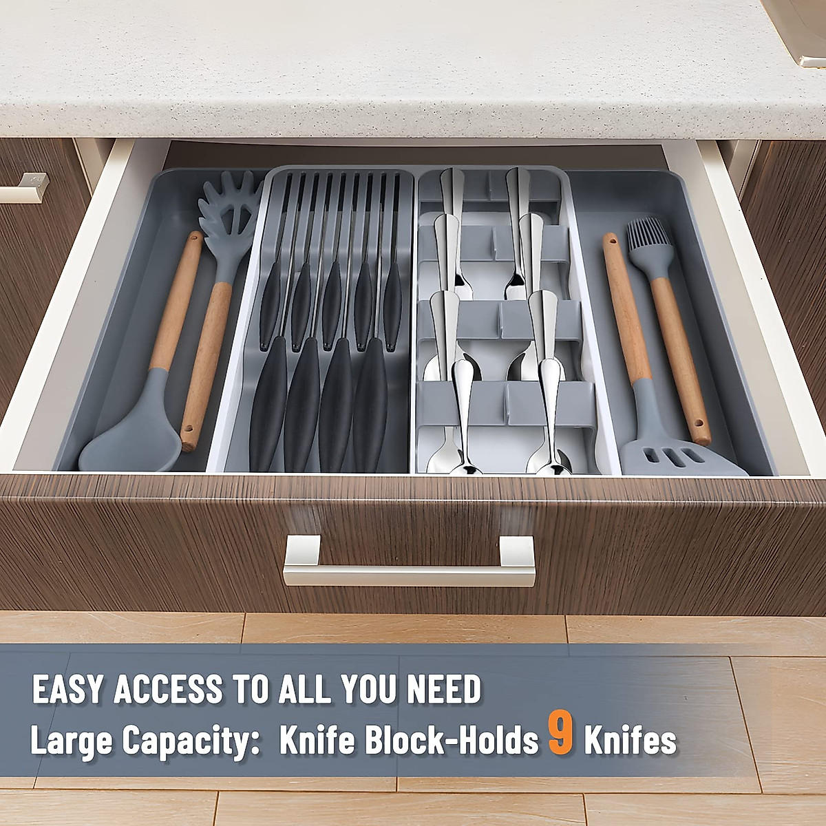 Kitchen Drawer Organizer, Silverware Organizer w/ Knife Block, Expandable Utensil Organizer and Cutlery Tray for Drawers, Large Silverware Tray for Kitchen Utensils Flatware Knives Storage & Organize
