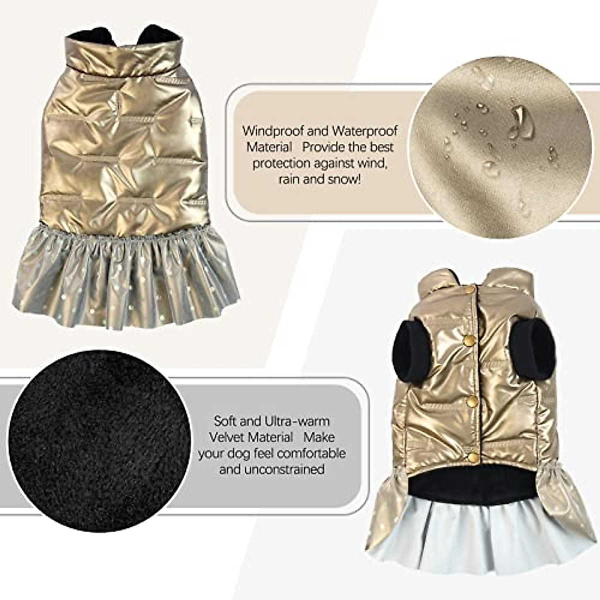 T'CHAQUE Warm Dog Winter Coat Dress Waterproof Puppy Clothes, Stylish Dog Dress Holiday Costume for Small Medium Dogs Girl, Cozy Pet Clothing Party Dresses Cold-Weather Dog Coats with Leash Hole