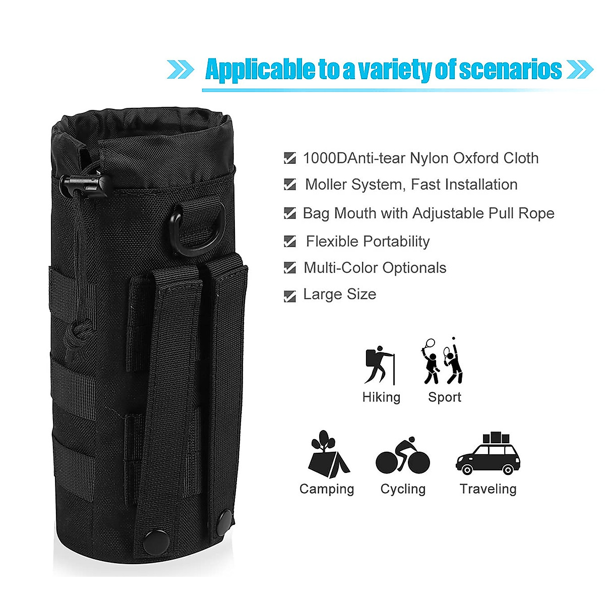 ANJINU Molle Water Bottle Holder, Water Molle Attachments, Molle Water Bottle Pouch, Tactical Backpack Attachment Pouches (Black)