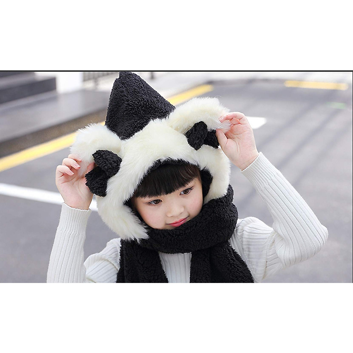 Kids Toddler Cartoon Fleece Hat Gloves Scarf 3 in 1 Set Girls Boys Winter Cute Warm Long Hoodie Earflap Hat A-Black