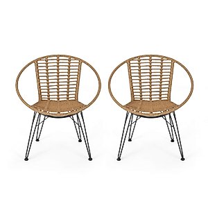GDFStudio Outdoor Wicker Dining Chairs (Set of 2), Light Brown and Black