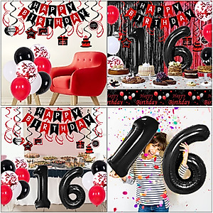 16th Birthday Decorations for Boys Girls,Red and Black 16th Birthday Balloons Banner Number 16 Balloon Hanging Swirls Tablecloth Foil Fringe Curtains For Sweet 16th Birthday Decorations Party Supplies