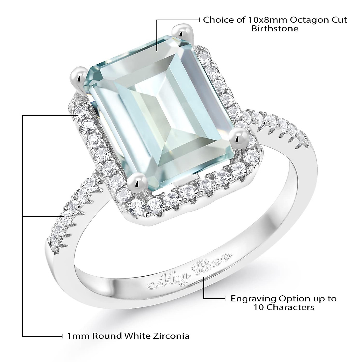 Gem Stone King 925 Sterling Silver Gemstone Birthstone Engagement Ring | Emerald Cut 10X8MM | Wedding Engagement Anniversary Promise Ring For Women | Available In Size 5, 6, 7, 8, 9