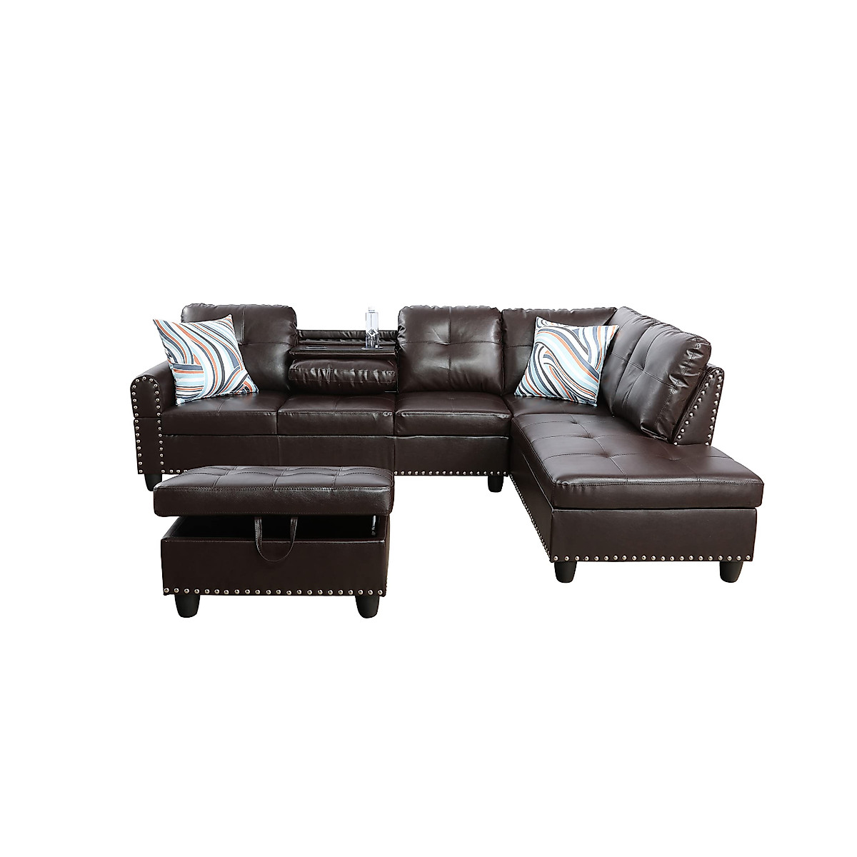 VURAX 3-Piece Faux Leather Sectional Sofas with Left Chaise Longue and Storage Ottoman, Button Tufted Upholstered Couch Set, for Living Room, Home, Office, 97inch, Dark Brown 1