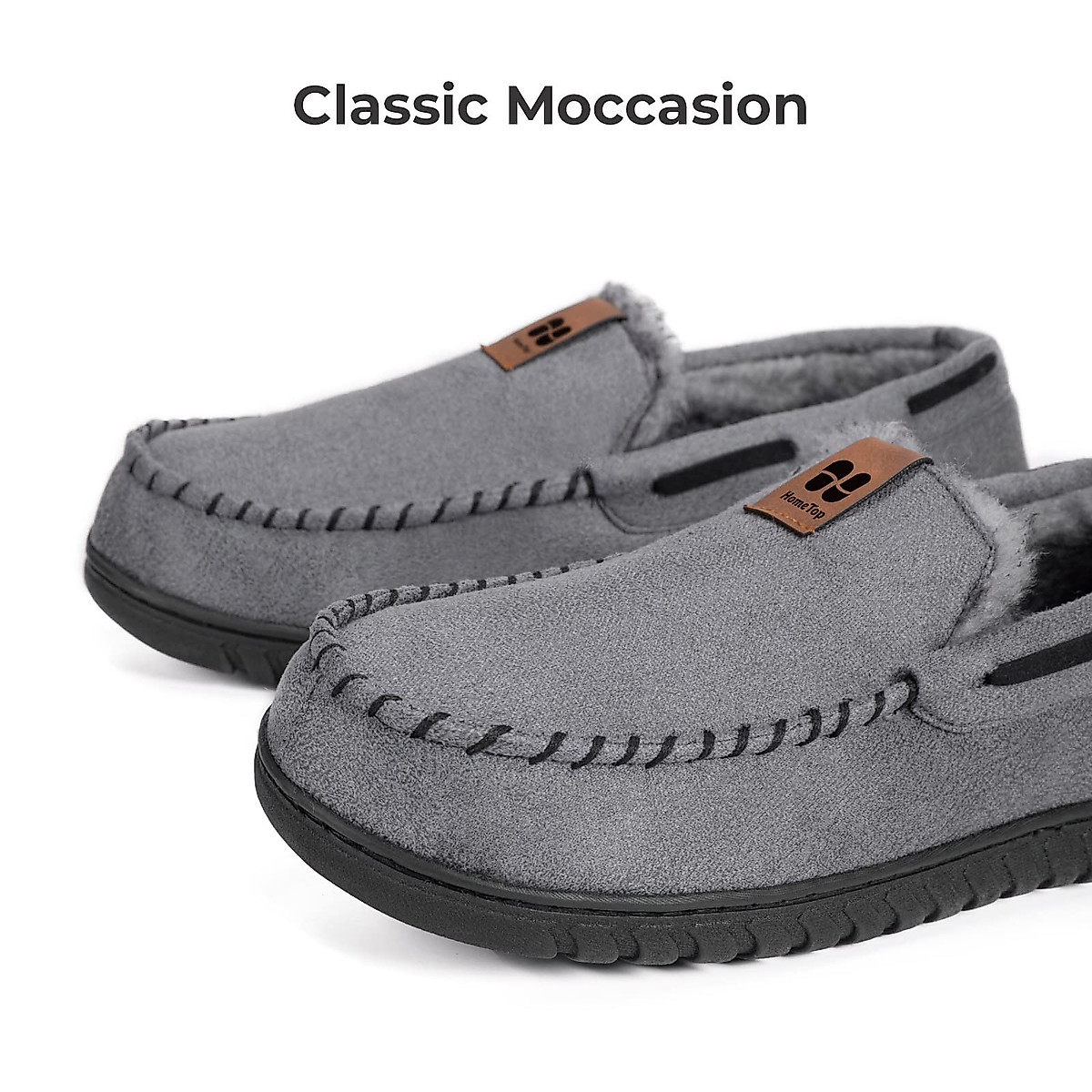 HomeTop Men's Moccasin Slippers Soft Faux Suede Plush Warm Lining Memory Foam Indoor House Shoes with Anti-Skid Sole (9, Grey)