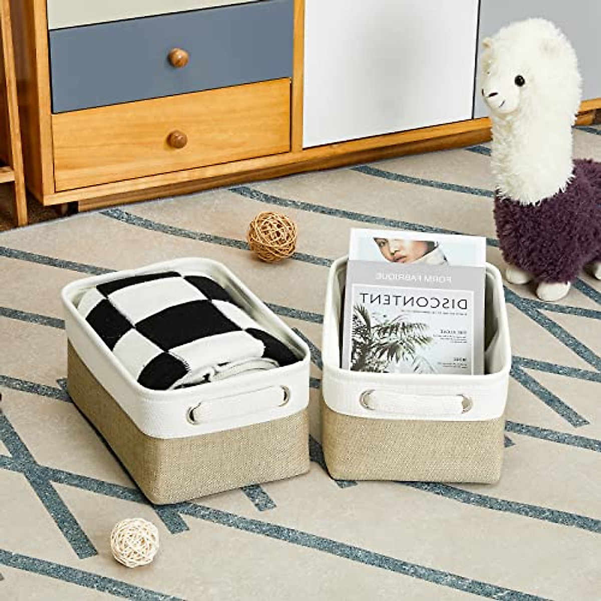 DULLEMELO Set of 6 Fabric Storage Baskets Bins for Organizing, Small Storage Baskets for Shelves, Closets, Nursery, Home, Office, Empty Gift Baskets (White&Khaki-Cloth Handles)