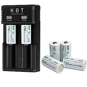 KBT Rechargeable 123A Battery Charger:2 Slot Smart Charger with 4pack 750mAh Lithium Battery for Arlo Camera VMC3030 VMK3200 VMS3230/3330/3430/3530 & Flashlight & Headlamp