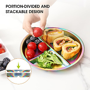 AIEVE Stainless Steel Kids Plates, 4 Pack Round Divided Toddler Plates, Portion Control Plate 8 Inch