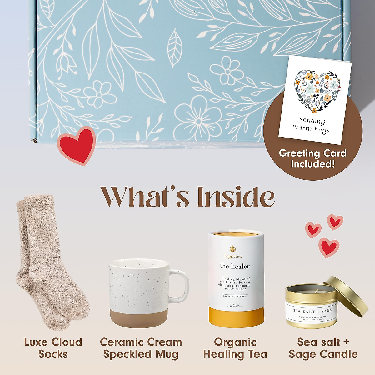 Unboxme Get Well Gift Box - USDA Organic Get Well Soon Self Care Package for Women | Fluffy Socks, Mug, Lemon & Ginger Tea Set, Sea Salt, Sage Scented Candle, Sending Hugs Card | Feel Better Basket