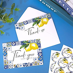 AnyDesign Lemon Thank You Cards Bulk 24 Pack Thank You Note Cards with Matching Seal Stickers Envelopes Blue Tiles Lemon Greeting Cards for Baby Shower Wedding Birthday Bridal Party and All Occasion