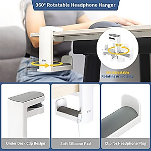 KIWIFOTOS Headphone Stand Holder Under Desk, PC Gaming Headset Hook Hanger Mount with 360 Adjustable Rotating Arm Clamp & Built in Cable Clip - White