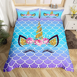 Unicorn Cute Eyelash Duvet Cover Set King Size,Mermaid Scale Glitter Sequins Bedding Set 3pcs for Kids Girls Woman Room Decor,Blue Gradient Princess Comforter Cover,Glamour Quilt Cover,2 Pillowcases