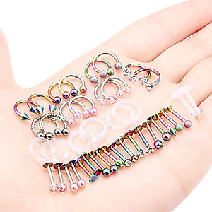 Hoeudjo 16G Surgical Steel Lip Rings Clear Diamond CZ Labret Studs Tragus Horseshoe Ring Helix Hoop Earring Body Jewelry Piercing Retainer for Women Men Rainbow