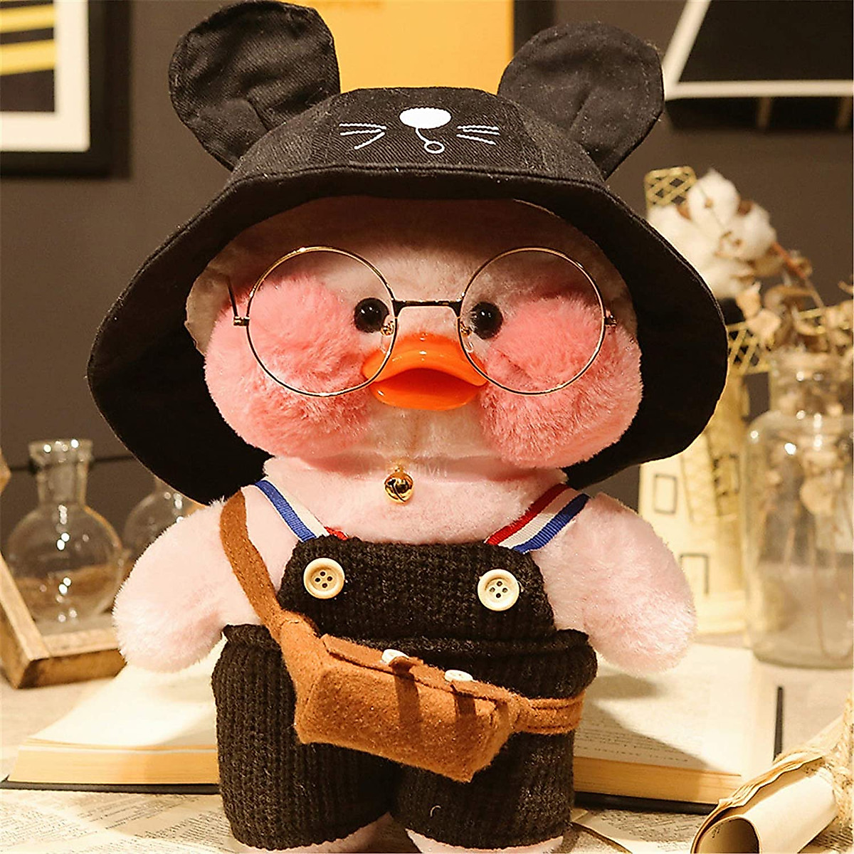 Duck Stuffed Animal,Soft Plush Toy for Kids Girls, Hugglable Stuffed Toy with Cute Hat and Costume, Best Gifts for Christmas 12in/30cm (Pink Black)