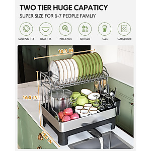 BOOSINY Dish Drying Rack, 304 Stainless Steel 2 Tier Large Dish Rack and Drainboard Set with Swivel Spout Drainage, Full Size Dish Drainer with Utensil Holder for Kitchen Counter of Big Family