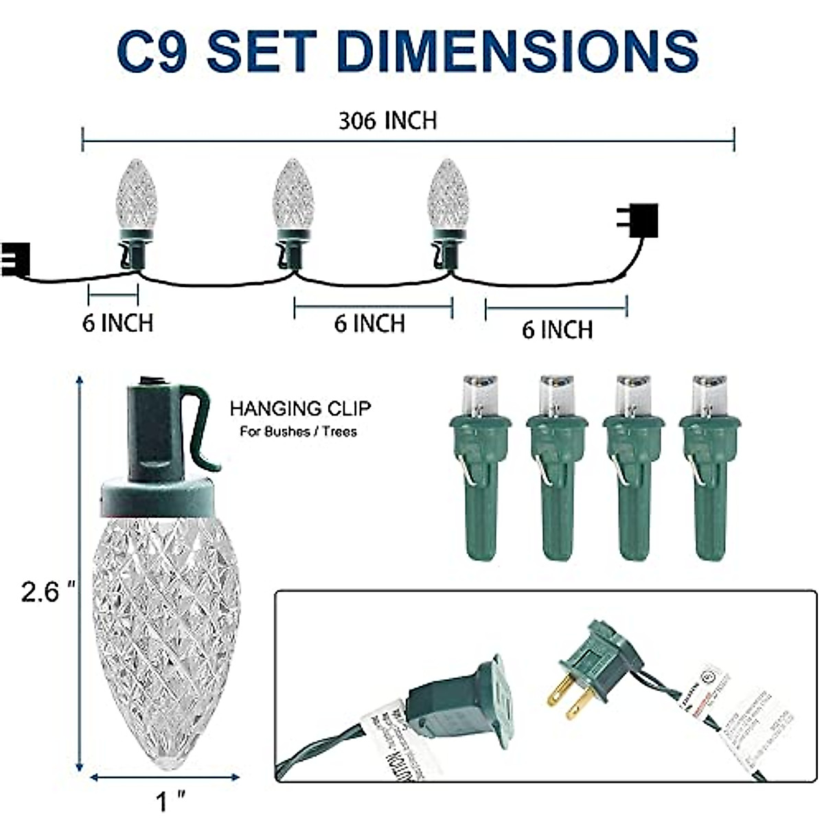 Dazzle Bright 5.5 Inch 50 Pack Christmas Light C9 Stakes + 50 LED 24.5 FT C9 Christmas String Lights