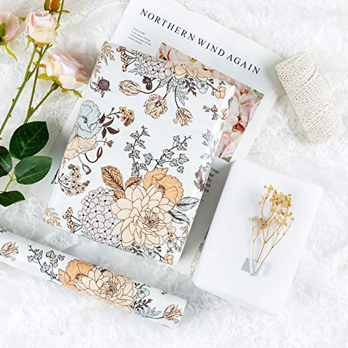 WRAPAHOLIC Wrapping Paper Roll - The Vintage Floral Printed on White Pearlized Paper,Perfect for Wedding, Birthday, Holiday, Baby Shower Wrap - 30 inch x 33 feet