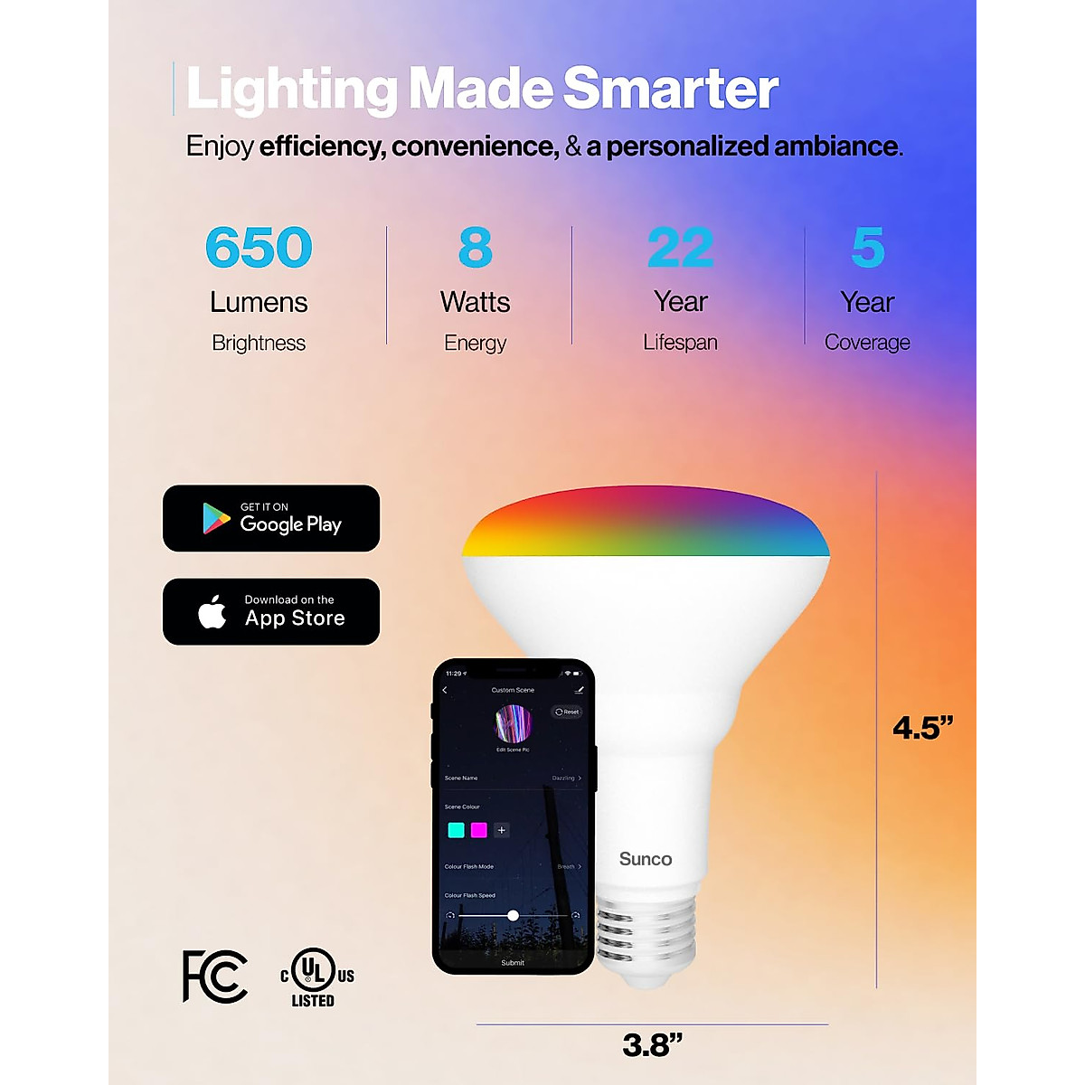 Sunco Lighting BR30 Alexa Smart Flood Light Bulbs Color Changing LED Recessed WiFi Bulb, 8W, RGBCW, Dimmable, 650 LM, Compatible with Alexa & Google Assistant, E26 Base, No Hub Required 4 Pack