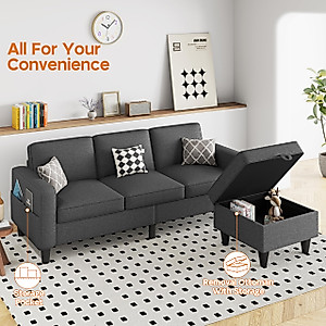 ZeeFu Convertible Sectional Sofa Couch: Dark Gray 3Seat L-Shaped Sectional Sofa Couches with Storage Ottoman - Modern Linen Fabric Small Sofa Furniture Set for Living Room Office Small Space Apartment