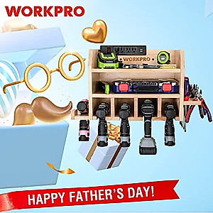 WORKPRO Power Tool Organizer, Cordless Drill Holder Storage Wall Mount with 5 Drill Hanging Slots, Screwdriver Rack, Solid Wooden Tool Storage for Garage, Workshop, Warehouse