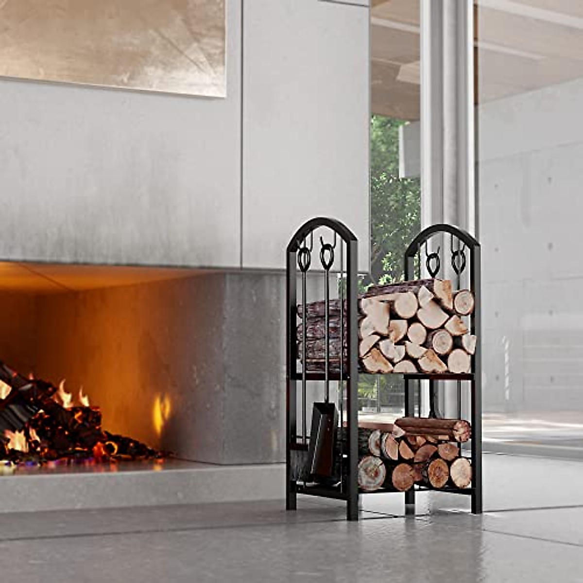 Fire Beauty Fireplace Firewood Log Rack 5-Piece Storage Logs Holder with Tools Set with 4 Tools Set Fireside Holders Wood Lumber Storage Stacking Black