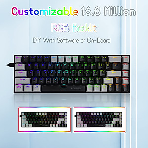 HUO JI 65% RGB Gaming Keyboard, E-YOOSO Z-686 Wired 68 Keys Mechanical Keyboard, Clicky Blue Switches, Pro Software Supported, Detachable USB-C Cable, Separate Arrow Keys - Black/Grey