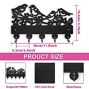 ORIGACH Wooden Bird Key Hangers with 5 Hooks Key Holder for Wall Birds on Flowering Branches Wall Mounted Black Coat Hangers Home Decor for Front Door Kitchen Entryway Bedroom - 11.8x6.7inch