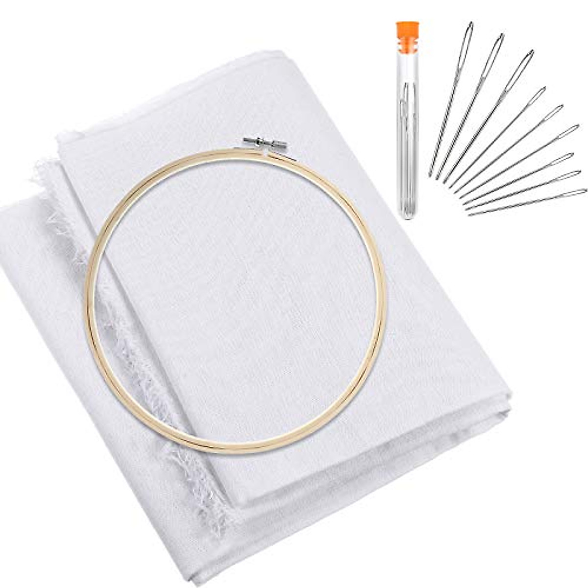 62 by 34.6 Inch Nature Linen Needlework Fabric Embroidery Fabric Plain Solid Color Linen Fabric Cloth with Embroidery Hoop and 9 Pieces Large-Eye Knitting Blunt Needles for Garments Crafts Accessories