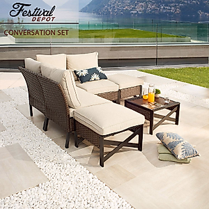 Festival Depot 6 Pieces Patio Outdoor Furniture Conversation Set Sectional Corner Sofa with All-Weather Brown PE Wicker Back Chair, Coffee Table, Ottoman and Thick Soft Removable Couch Cushions