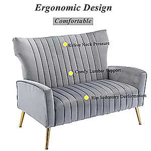 Artechworks Tufted Contemporary Velvet Wingback HighBack Loveseat Sofa Chair Upholstered Couch with Gold Metal Legs Two-Seat Sofa for Living Room Bedroom Apartment Small Space Dorm, Grey