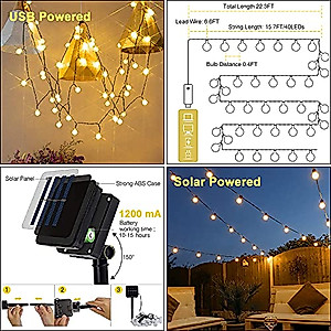 YZIXNUY Warm White Outdoor String Lights Solar/USB Powered, 22.3FT 40 LED Crystal Globe Fairy Lights with 8 Lighting Modes for Indoor Outside Garden Backyard Party Wedding (Warm White)…