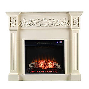 SEI Furniture Calvert Electric Fireplace with Carved Floral Trim, New Ivory