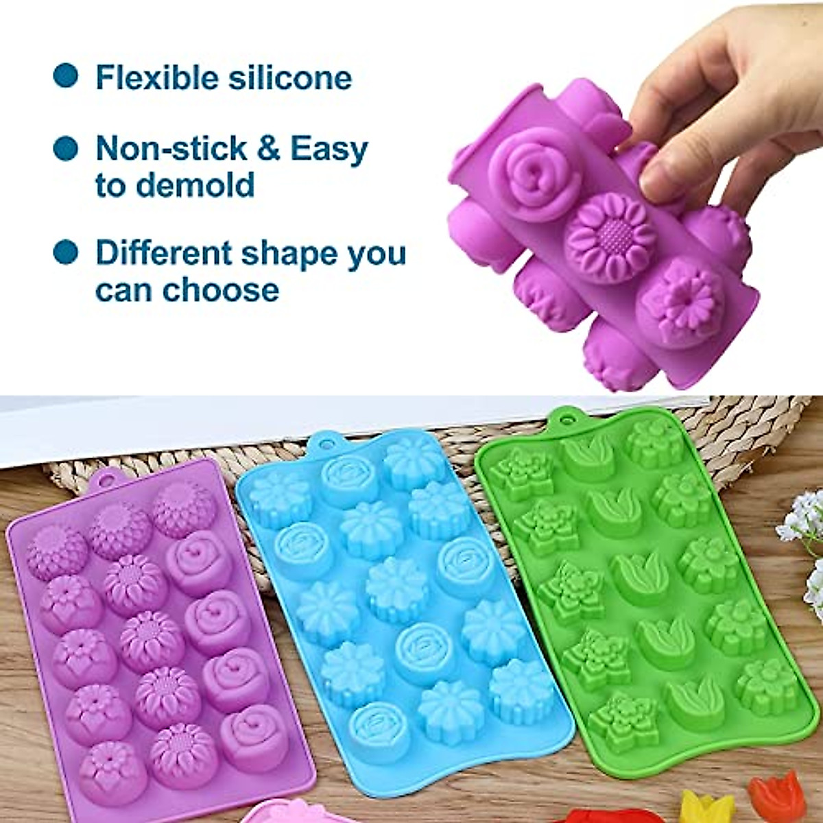 Chocolate Molds Candy Molds for Baking Sweet Treats,15 Cavity Flower Shape Non-Stick Silicone Baking Molds Ice Cubes for Wedding,Festival,Party and DIY Crafts, 6 Pack
