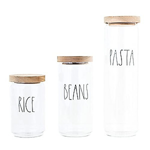 Rae Dunn Clear Glass Rice, Pasta, and Bean Jars, Large Kitchen Storage Jars with Airtight Lids, Set of 3