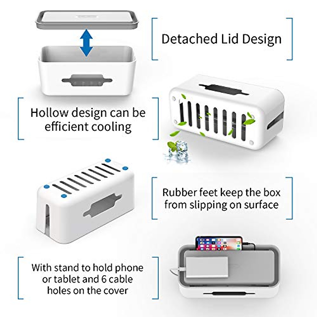 Surge Protector Power Strip with Cable Management Box, 6 Outlets and 2 USB Ports with Switch Control, Flat Plug, 5ft Heavy-Duty Extension Cord, Cord Organizer Box for Home and Office - White