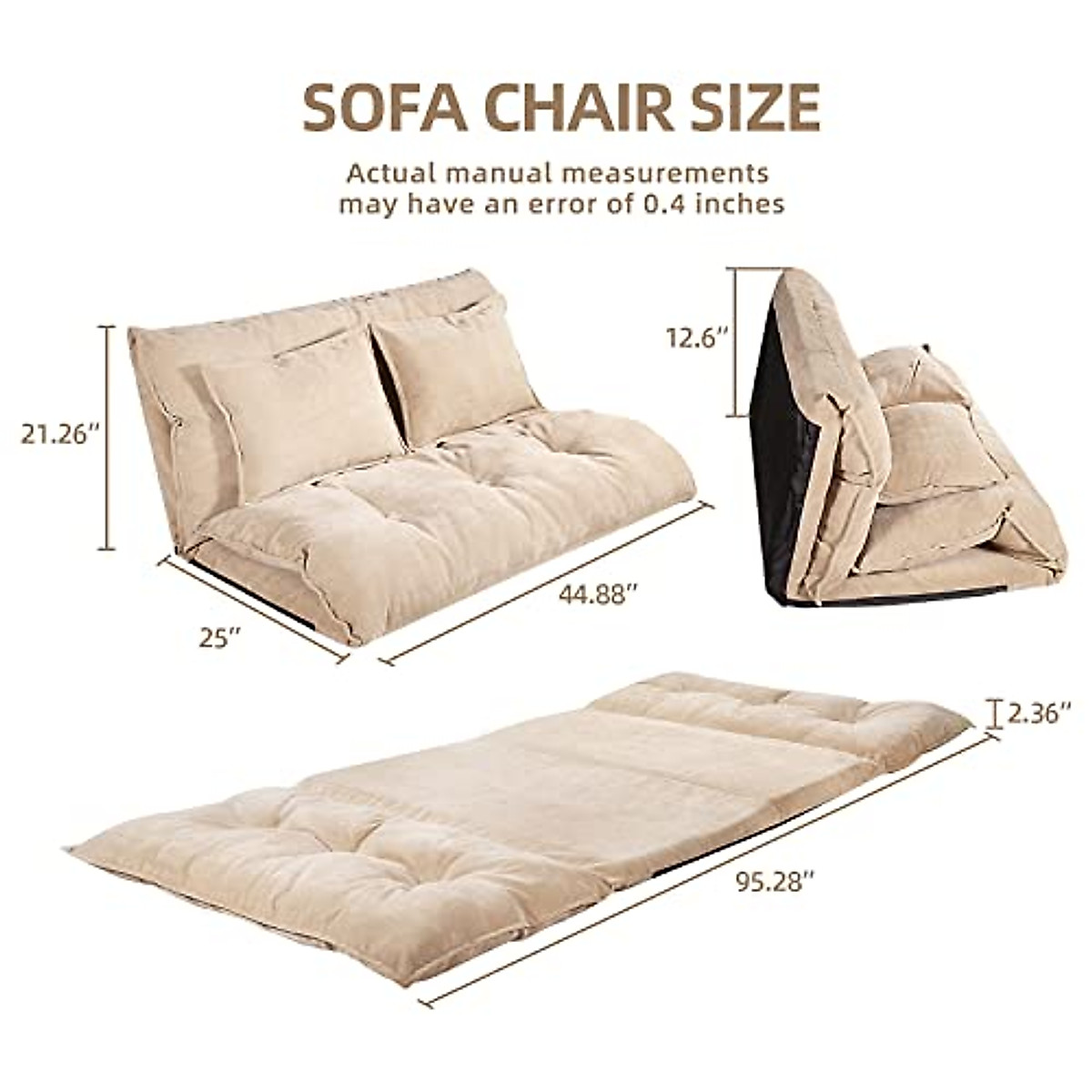 Sucrever Floor Sofa Chair with Adjustable 6-Position and 2 Pillows for Adults, Folding Lazy Sofa Sleeper Bed Couch for Reading or Gaming, Chaise Lounge Chair for Bedroom Living Room, Beige