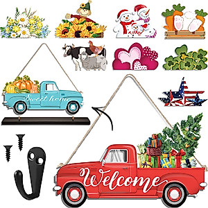 Christmas Interchangeable Garden Truck Stake Set with Seasonal Sign Loads Welcome Sign Festival Welcome Sign with 10 Seasonal Ornament for Holiday Spring Fall Summer Easter Home Decorations