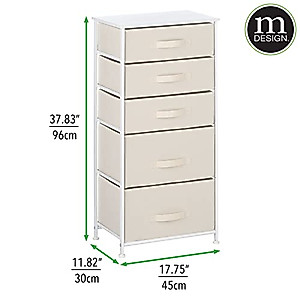 mDesign Steel Frame, Wood Top, Tall Dresser Drawer Organizer Storage Tower, Small Chest Furniture Unit for Bedroom, Hallway, Closet, and Entryway 5 Fabric Bins w/Handle, Jane Collection - Cream/White
