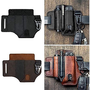 Leather Multi Tool Sheath Pocket Organizer,Multi-Function Tool Sheath for Belt, with Pen Holder, Key Chain, Flashlight Sheath.Everyday Carry (Brown)