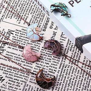 Hicarer 5 Pieces Tree Life Crescent Moon Necklace Copper Wire Wrap Natural Gemstones Healing Crystal Pendant Quartz Jewelry