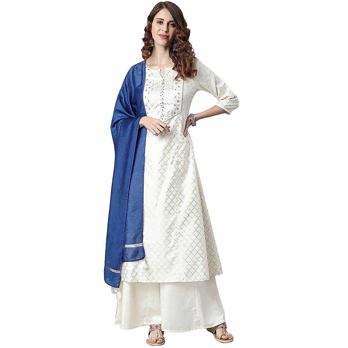 Janasya Indian Women's Off- White Yoke Printed Poly Silk Kurta with Palazzo and Dupatta