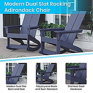 Flash Furniture Finn Modern Poly Resin Wood Adirondack Rocking Chair Dual Slat Back-Stainless Steel Hardware, 2 Pack, Navy