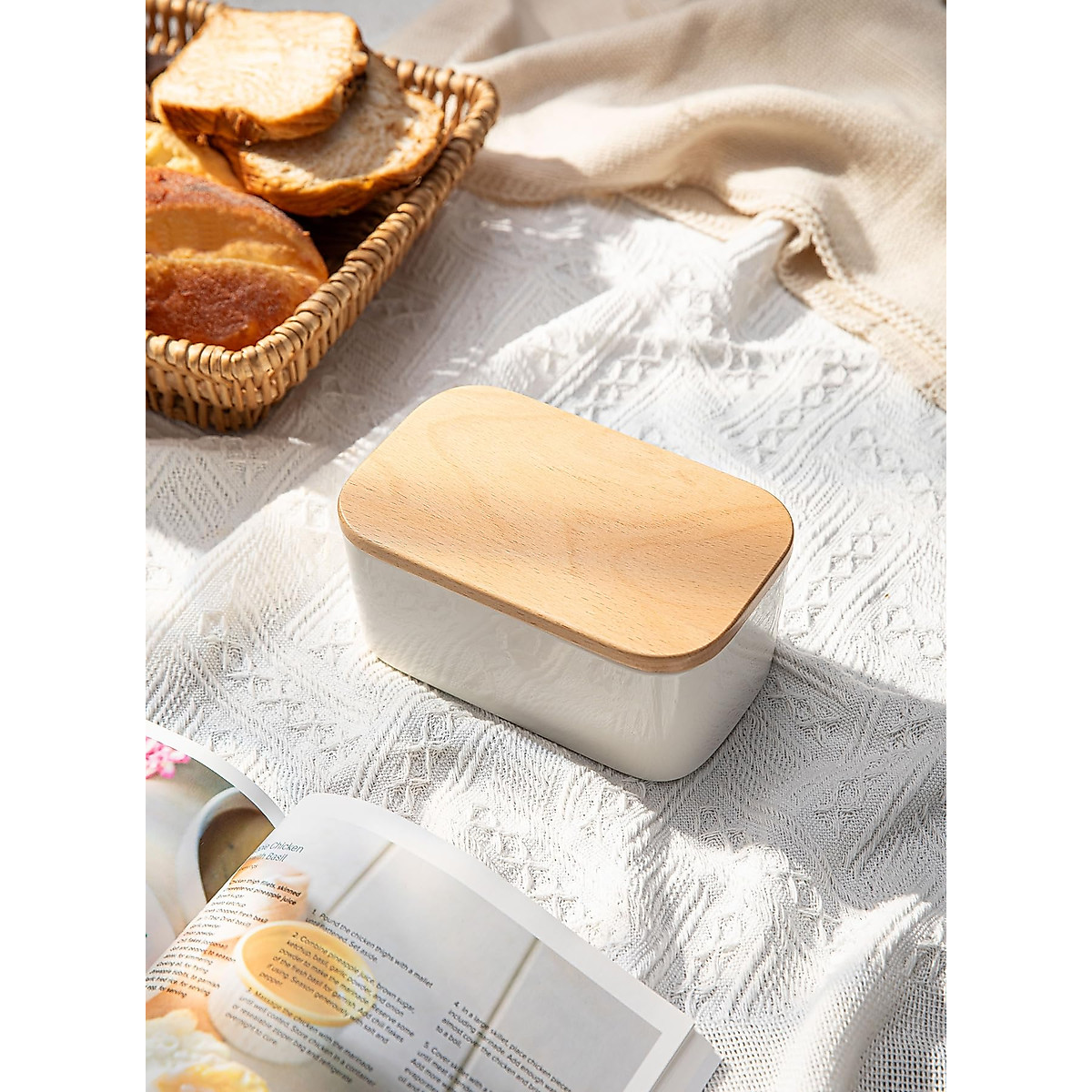 Sweese 303.101 Large Butter Dish - Airtight Butter Keeper Holds Up to 2 Sticks of Butter - Porcelain Container with Beech Wooden Lid, White