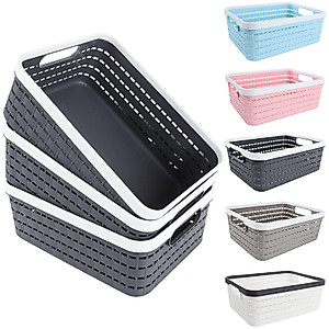 CertBuy 3 Pack Plastic Storage Baskets 11.3 x 8.7 x 4.3 Inch, Small Weave Storage Bins with Handle for Cabinet, Shelf, Kitchen, Bedroom, Bathroom and office – Dark Grey